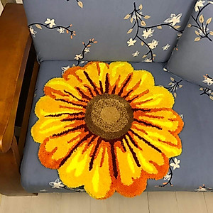 Sunflower Carpet Large Round Sunflower Bedroom Rug Non Slip Rustic Sunflower Bathroom Mat Handmade Area Rug Floor Mat for Home Office(Yellow)