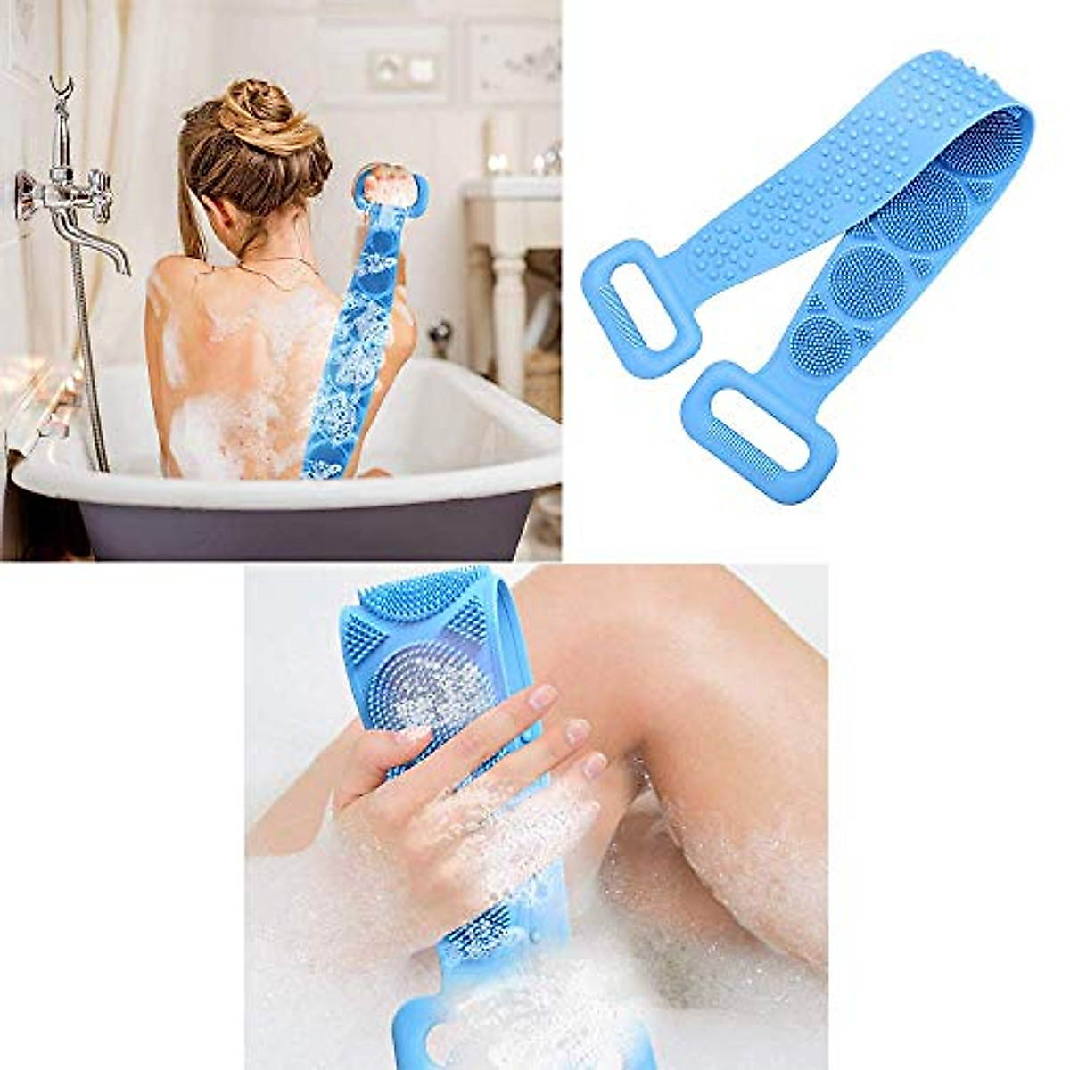 Silicone Bath Brush for Shower- Back Body Brush Scrubber, Shower Pull-tab Double-Sided Long Strip Silicone Bath Belt, Easy to Clean-Exfoliate, Blue
