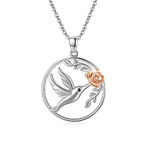 Hummingbird Necklace 925 Sterling Silver Cute Bird Rose Flower Pendant Necklace Hummingbird Animal Jewelry Gifts For Women Girls Animal Lovers