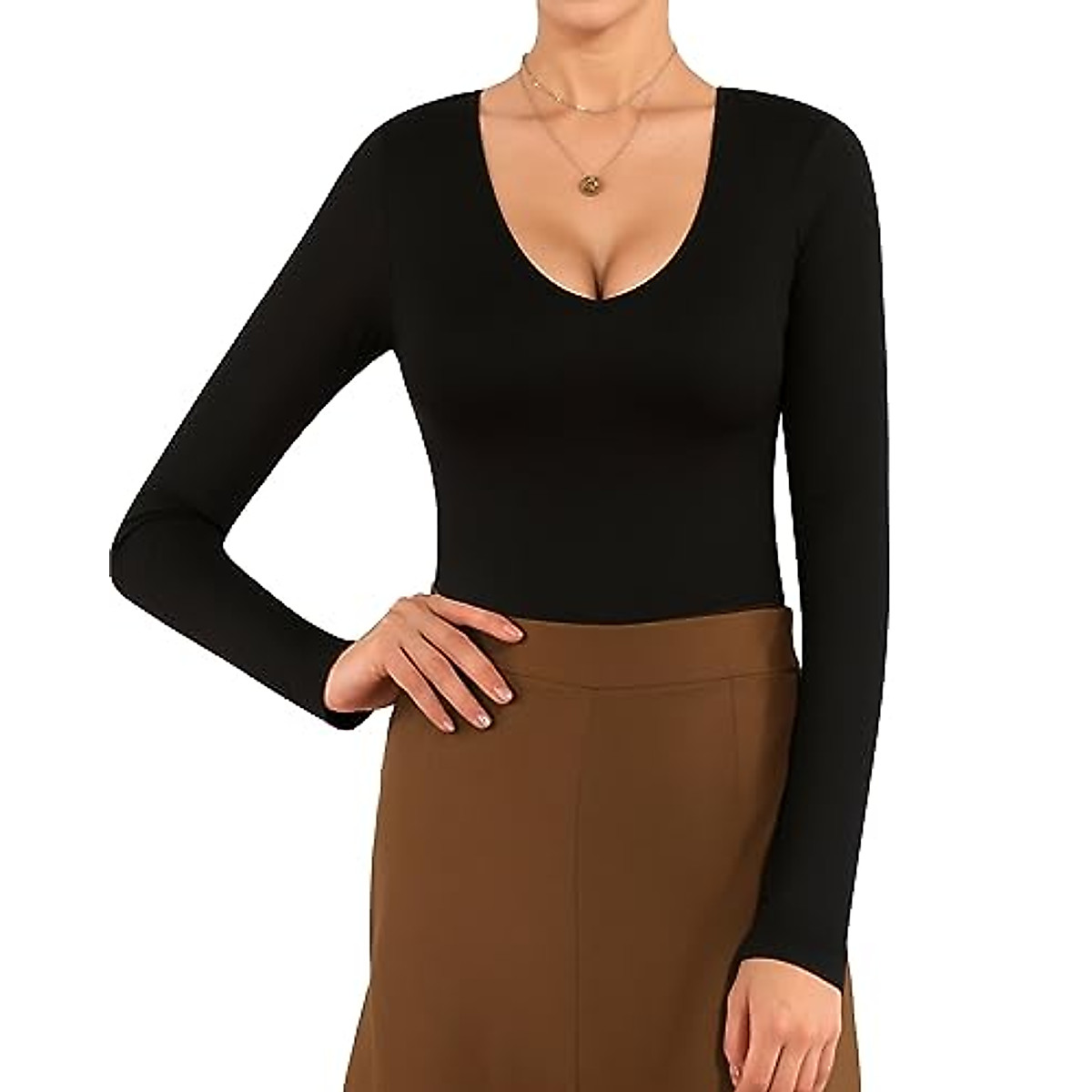 MANGOPOP Plunge V Neck Long Sleeve Body suits for Womens Sexy Bodysuit Going Out Tops (Black, Medium)