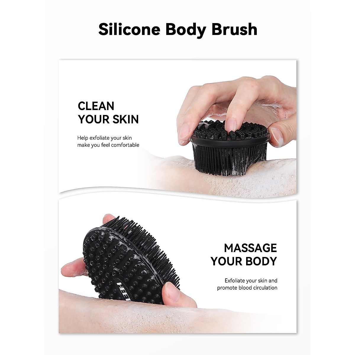 HEETA Silicone Body Scrubber, Silicone Loofah Gentle Exfoliating, 2 Side Design Silicone Boby Brush Lathers Well Easy to Clean & Durable for Removing Dead Skin and Dry Brush to Massage Skin, Black