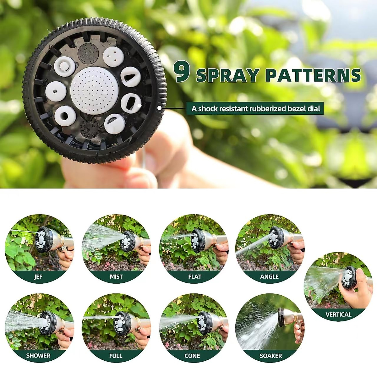 Garden Hose Nozzle, Heavy Duty Metal Water Hose Nozzle with 9 Spray Patterns, High Pressure Water Hose Nozzle Sprayer for Watering Garden, Washing Cars and Showering Pets