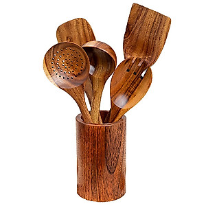 Wooden Kitchen Utensil Holder, 5.8 x 3.7 Inch, Natural Acacia Wood Cooking Utensil Holder for Countertop, Utensil Crock Organizer for Spoons Spatula Spurtles Skimmer Cooking Tools Straws