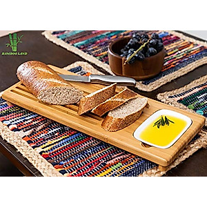 Bamboo Land- Bamboo Sweep Off Baguette Board with Bread Crumb Catcher and Ceramic Dipping Dish, 18” x 7”, Bread Cutting Board with Crumb Catcher, Board for Cutting Bread, Bread Cutter Knife