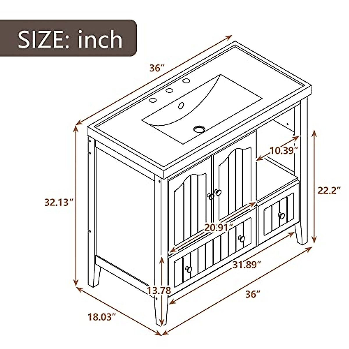 Lifeand, Integrated Combo with White Built-in Ceramic Top & Modern Base Cabinet 36" Bathroom Vanity with Sink, 36'', Brown