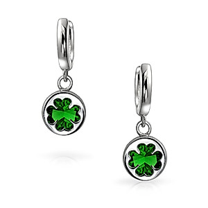 Luck of the Irish Celtic St Patricks Day Shamrock Four Leaf Emerald Green CZ Clover Drop Dangle Earrings For Women Graduation .925 Sterling Silver Lever back