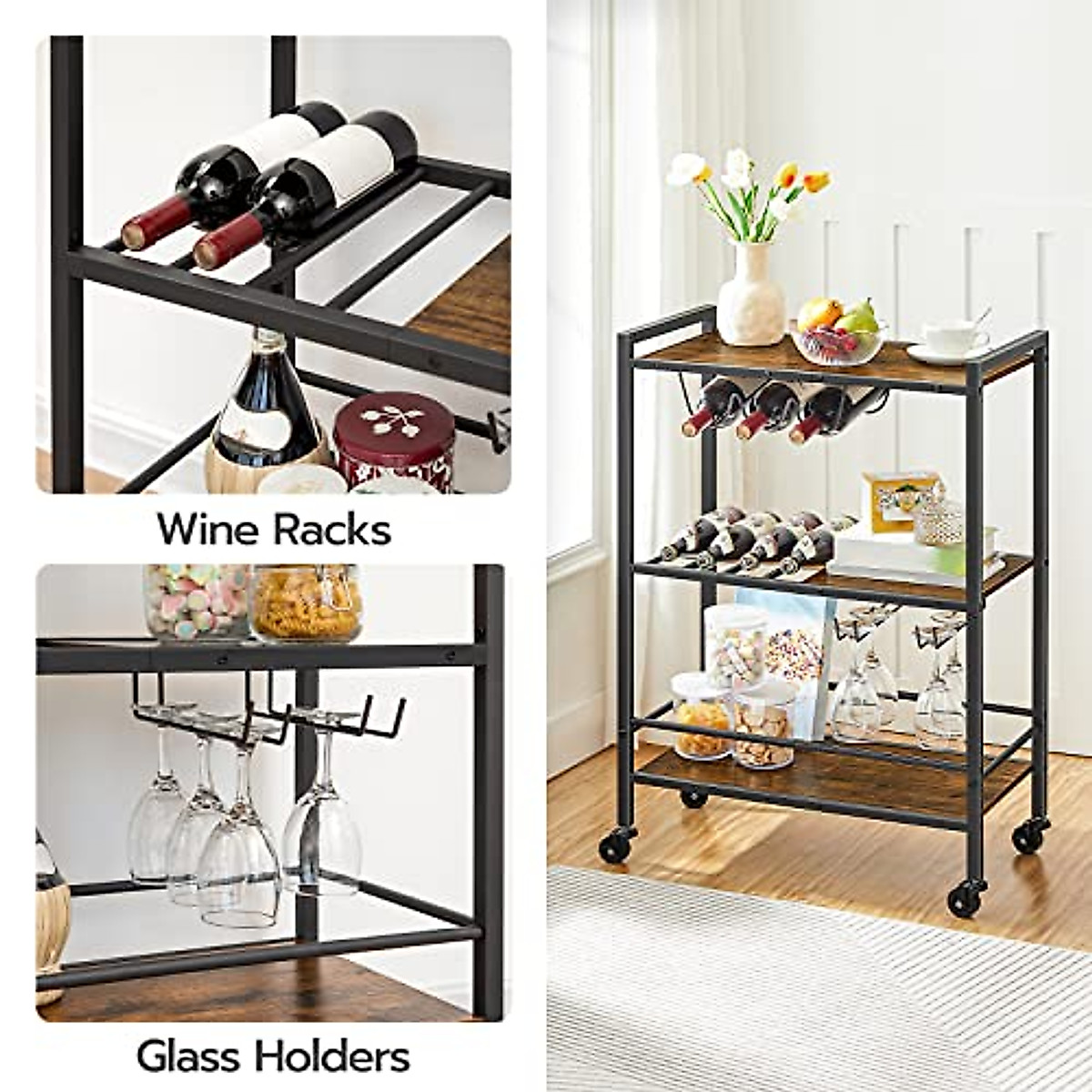 HOOBRO Bar Cart for The Home, 3-Tier Serving Cart on Wheels, Kitchen Cart with Wine Rack and Glass Holder, Rolling Beverage Cart for Living Room, Party, Bar, Rustic Brown and Black BF35TC01G1