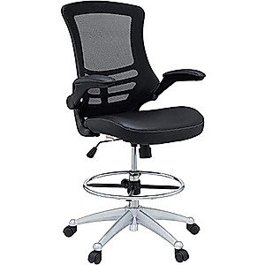 Modway Attainment Vinyl Drafting Chair - Drafting Stool With Flip-Up Arm in Black