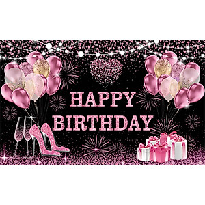 YinQin 180x120 cm Pink Gold Happy Birthday Backdrops Cloth 71x47 in. Birthday Photography Backgrounds Glitter Black Rose Gold Birthday Banners Rose Gold Happy Birthday Sign Decoration for Women Girl