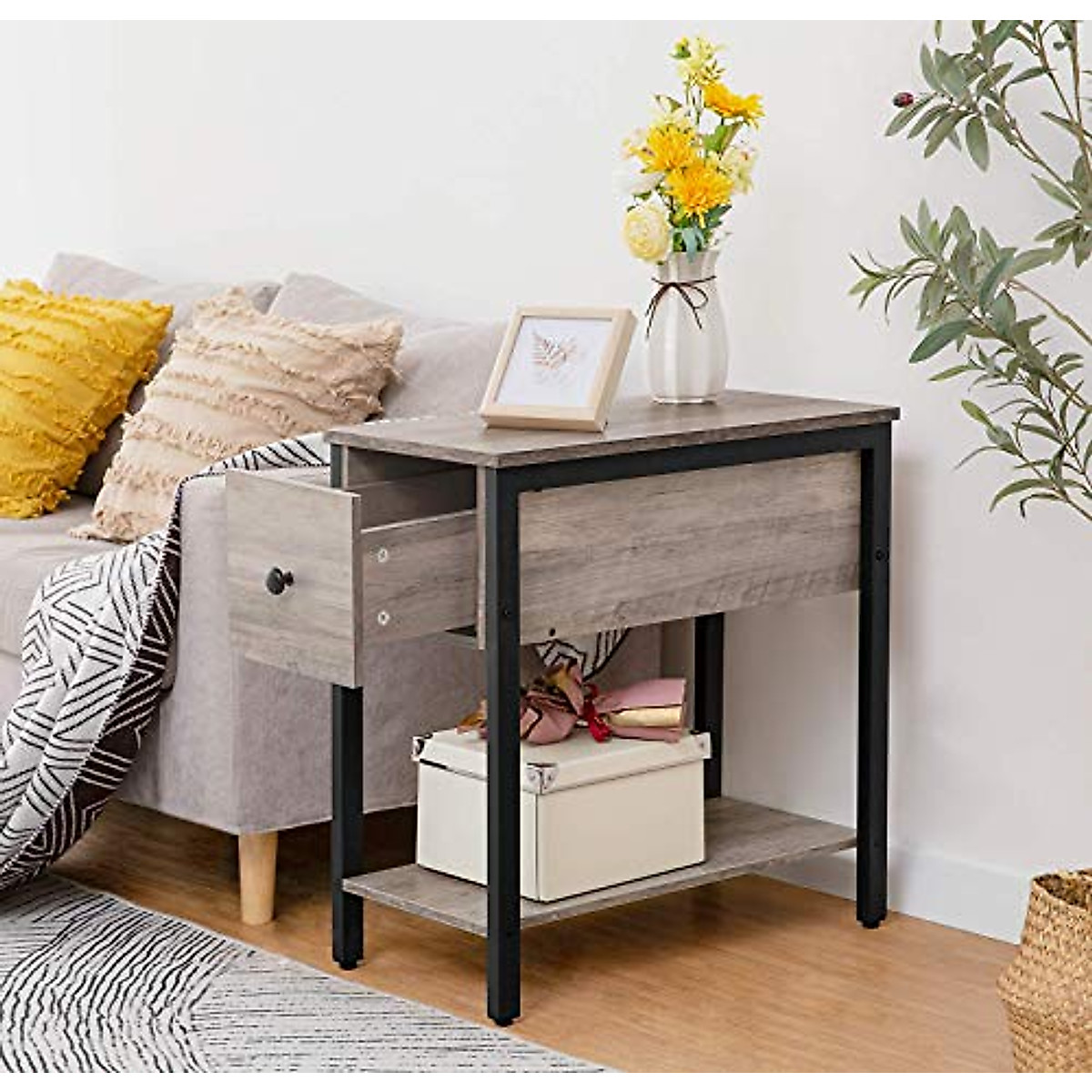 HOOBRO Side Table, 2-Tier Nightstand with Drawer, Narrow End Table for Small Spaces, Stable and Sturdy Construction, Wood Look Accent Furniture with Metal Frame, Greige and Black BG04BZ01