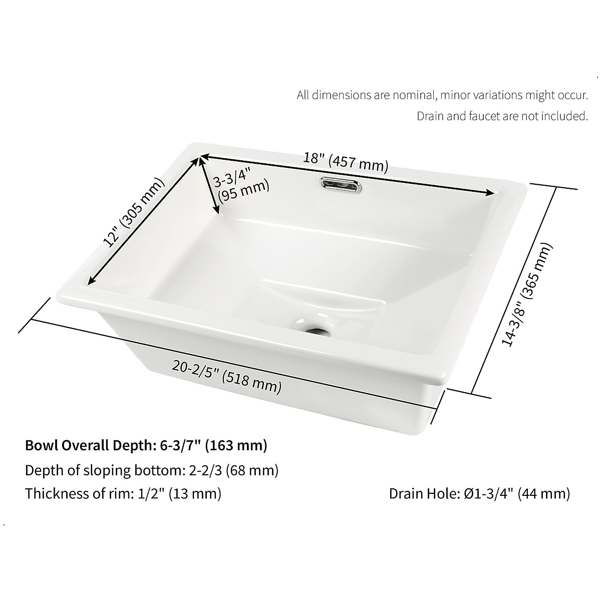 AMASHEN 20.5" x 14.4" Self-rimming Bathroom Sink Undermount or Drop-in Ceramic Vanity Basin with Overflow
