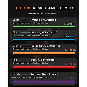 SUNPOW Pull Up Assistance Bands - Set of 5 Resistance Heavy Duty Workout Exercise Stretch Fitness Bands Assist Set for Body, Instruction Guide and Carry Bag Included