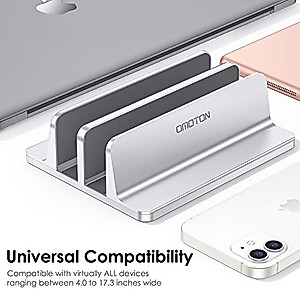 OMOTON Laptop Vertical Stand, Aluminum Dual Vertical Stand Holder with Two Adjustable Slots, Compatible with Samsung/Microsoft Surface/HP/Dell/Chrome Book, Up to 17.3 Inches (Silver)