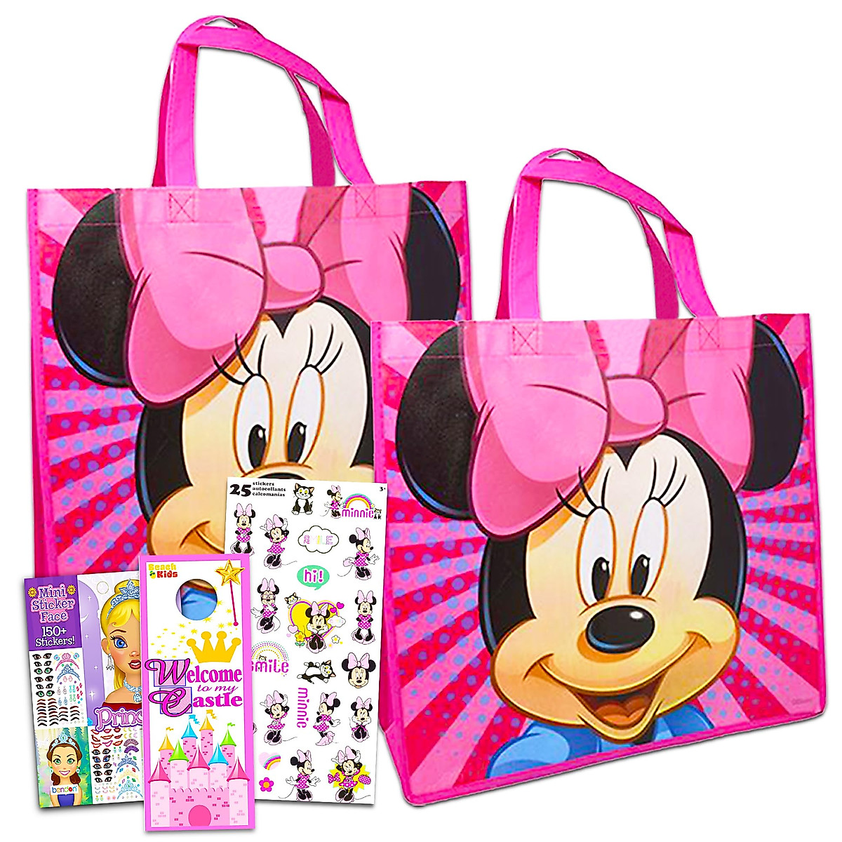Disney Minnie Mouse Tote Bags Value Pack - 2 Reusable Large Tote Grocery Party Bags Featuring Minnie Mouse with Minnie Stickers