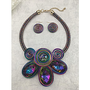 JHWZAIY Chunky African Statement Necklace For Women Tribal Fashion Costume Jewelry Earring Sets Unique Colorful Big Rhinestone Crystal Pendent Collar Choker Bib Handmade (01)