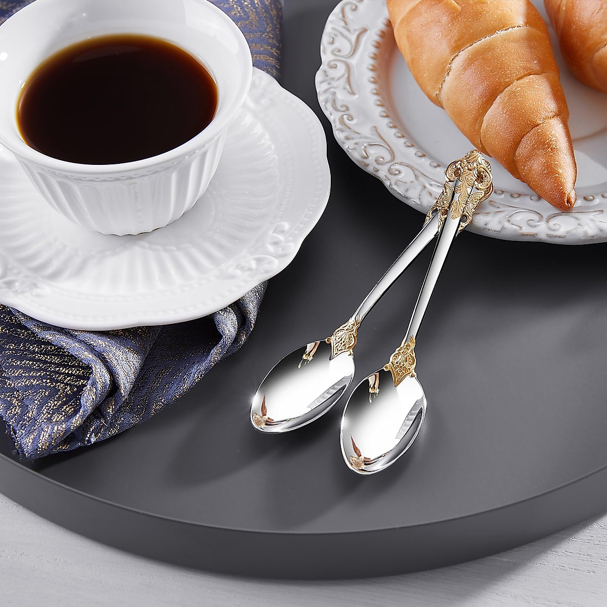 KEAWELL Luxurious 5.1-Inch Espresso Spoons Set - 6 Pieces - Mini Coffee Spoon, 18/10 Stainless Steel - Gorgeous Design with Exceptional Mirror Polished Finish (Gold Accent)