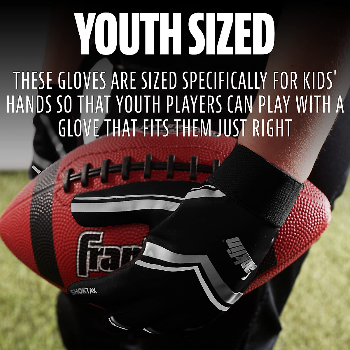 Franklin Sports Youth Football Receiver Gloves - Shoktak Youth Gloves - Kids Football Receiver Gloves - High Grip Football Gloves for Kids - Black - Youth Medium