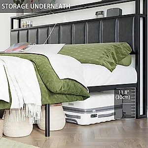 AMERLIFE LED Bed Frame with Drawers, Queen Platform Bed Frame with 2-Tier Storage & Leather Upholstered & Charging Station Headboard, Easy Assembly, No Box Spring Needed, Noise Free, Rustic Grey