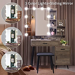 3-color Lighted Mirror Cabinet with Stool - Vanity Desk and Cushioned Chair - Sliding Mirror Makeup Desk - 2 Drawers 1 Door Cabinet 2 Shelves - Charging Station - Screen Touch Switch - Retro Grey