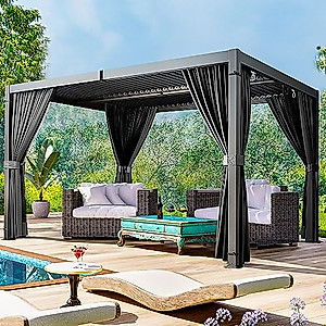 HAPPATIO Louvered Pergola 10x13 Outdoor Pergola, Metal Pergola with Adjustable Rainproof Roof, Patio Pergola with Curtains and Mosquito Nets, Aluminum Pergola for Patio, Backyard, Deck, Garden (Gray)