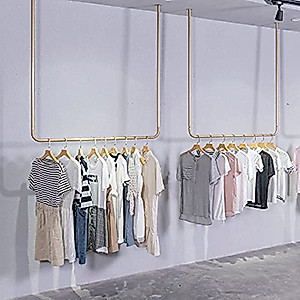 NEOCHY Wall-Mounted Clothes Rail, Ceiling-Mounted Clothes Display Rack, Detachable Hanger, Loft Design Hanger/Golden/120X150Cm