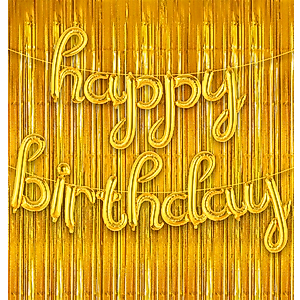 KatchOn, Iridescent Gold Fringe Curtain with Happy Birthday Balloon Banner - Pack of 3 | Happy Birthday Letter Balloons for Gold Birthday Decorations, Gold Streamers Party Decor | Gold Foil Curtains