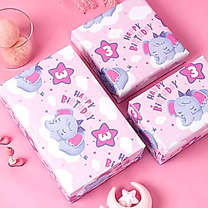 WRAPAHOLIC 3rd Birthday Wrapping Paper - Mini Roll - 17 Inch X 16.5 Feet - Adorable Elephant and Happy Birthday Lettering Design for Birthday, Party, Baby Shower