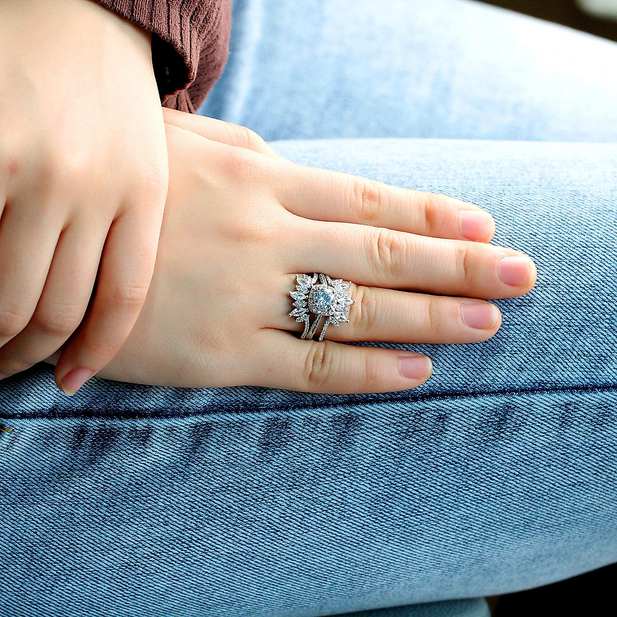 Women's Marquise-Shape CZ Engagement Band Guard Enhancers Silver Stacking Wedding Ring Set Platinum Plated (size 6)