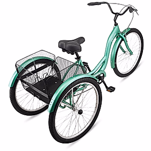Schwinn Meridian Adult Tricycle Bike, Mens and Womens Three Wheel Beach Cruiser, 26-Inch Wheels, Low Step-Through Frame, Wide Seat, Rear Folding Basket, Single-Speed, Green