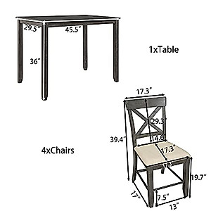 Winwee 5-Piece Wooden Counter Height Dining Table Set with Padded Chairs Rectangle Dining Table with 4 Padded Chairs, Grey