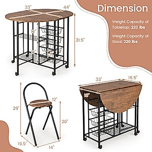 Giantex 3PCS Counter Height Table Set, Drop Leaf Dining Table & 2 Foldable Stools, Folding Table with Storage & 6 Wheels, Industrial Space Saving Bar Set for Kitchen Dining Room