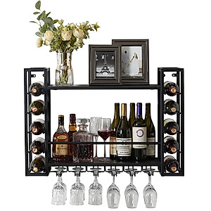 GOLASON Wall Mounted Wine Rack with Glass Holder, Metal Bottle Holder Wine Storage Display Rack for Home Bar Dining Room Kitchen (31.5 Inch, Black)