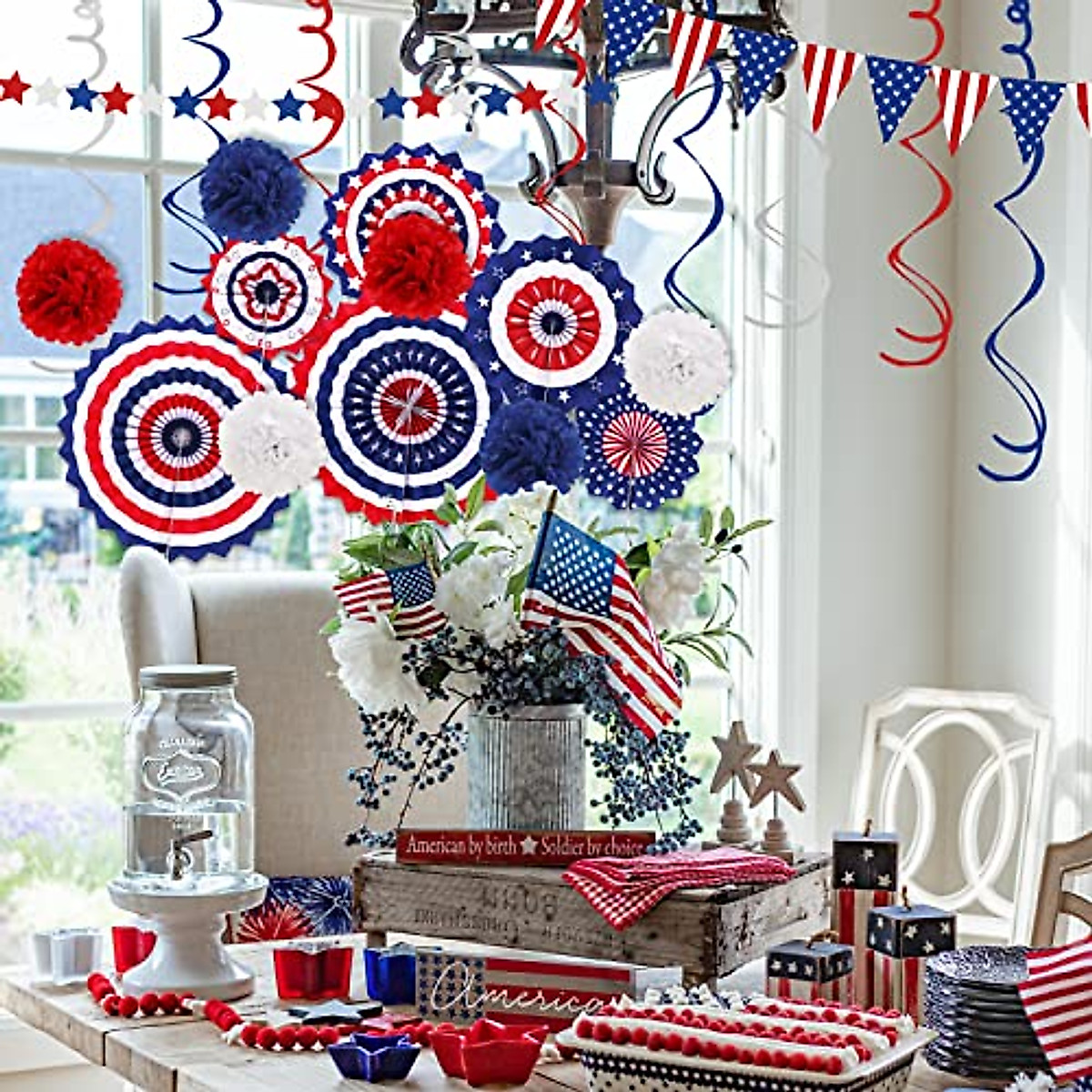 Bunny Chorus 4th of July Decorations Set 32pcs, Red White Blue Independence Day Patriotic Decorations, Large Paper Fans, Pom Poms, USA Flag Pennant Banner, Star Streamer Decor for Memorial Day