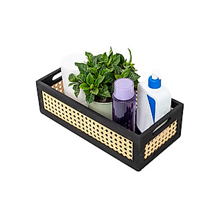 JJSQ Wood Toilet Tank Basket Toilet Paper Storage Basket Organizer, Bathroom Basket Tray with Handles for Vanity Countertop Organizing, Rustic Decor, Black