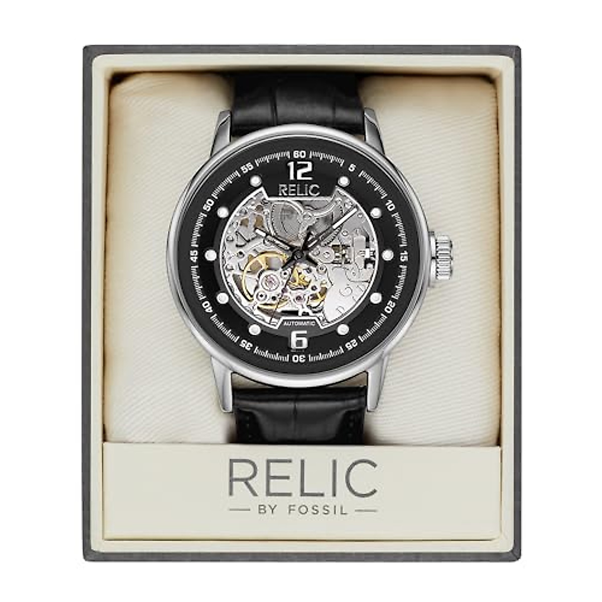 Relic by Fossil Men's Damon Silver Stainless Steel and Black Leather Band Automatic Watch (Model: ZR77224)