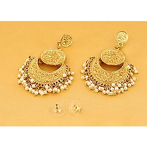 Touchstone Indian earrings for women jewelry jhumkas gold folklorico dangle bollywood wedding clip on gypsy chandbali chandelier aretes de charro navratri filigree accessories in antique gold tone.
