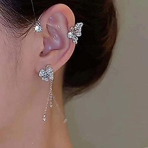 Butterfly Tassel Zircon Ear Clips for Womens Teen Girls Earrings Exquisite Shiny Butterfly No Piercing Studs Earrings