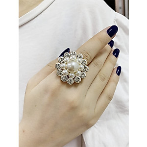 Dtja Rhinestone Pearl Flower Statement Wedding Ring for Women Vintage CZ Crystal Faux Pearls Cluster Adjustable Open Wrap Rings Christmas Birthday Cocktail Party Jewelry Gold Plated