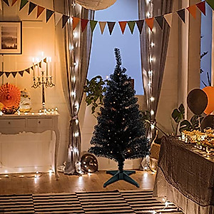Juegoal Lighted Artificial Halloween Christmas Tree, Pre-lit 4 FT Black Tinsel Xmas Pine Trees, Light up with 70 LED Lights Battery Powered, 8 Modes & Timer for Home Office Party Decorations