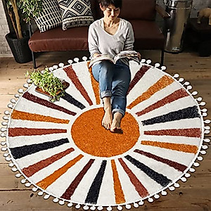 Molili Sun Boho Area Rug for Bedroom 4ft, Modern Abstract Round Nursery Rugs for Kids Room Washable Soft Circle Non-Slip Floor Rugs for Living Room Laundry Room Bathroom Home Dorm Entryway