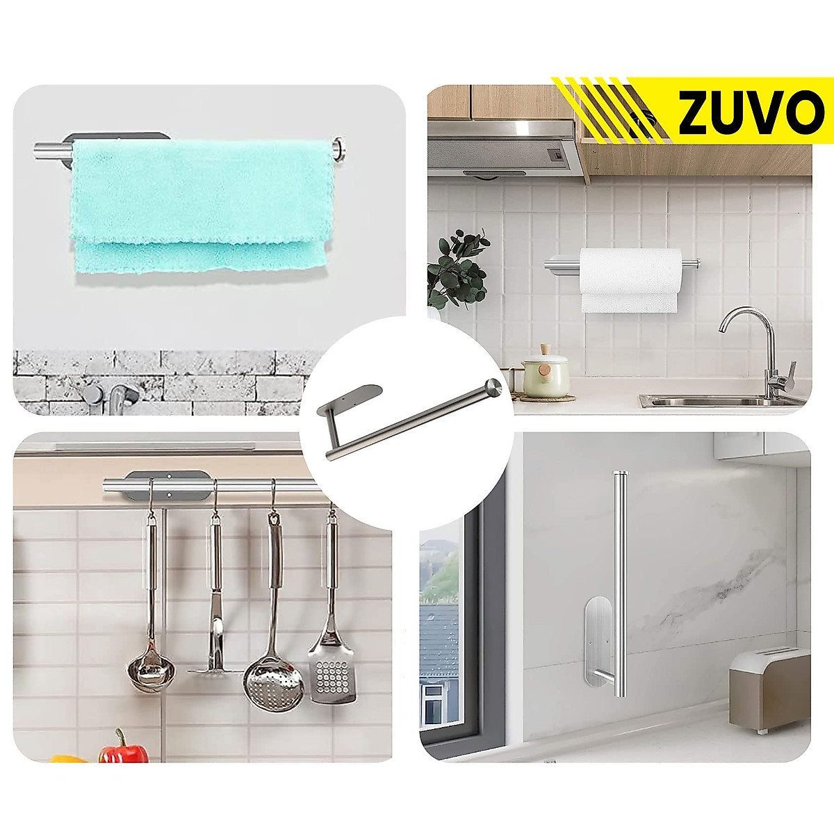 Paper Towel Holder Under Cabinet - (Silver) Adhesive Paper Towel Holders with Stainless Steel - Stick or Screw Towel Holders for Kitchen Cabinet, Bathroom, Wall Mount