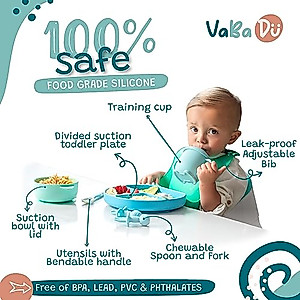VaBa Du Baby Feeding Set - 10-Pack - Easy Baby Led Weaning - Adjustable Bib, Food Feeder, Utensils, Dish & Suction Bowl with Lid, and Sippy Cup
