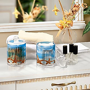 ALAZA Starfish Ocean Blue Sky 2 Pack Qtip Holder Dispenser with Lid 14 Oz Clear Plastic Apothecary Jar Containers Jars Bathroom for Cotton Swab, Ball, Pads, Floss, Vanity Makeup Organizer