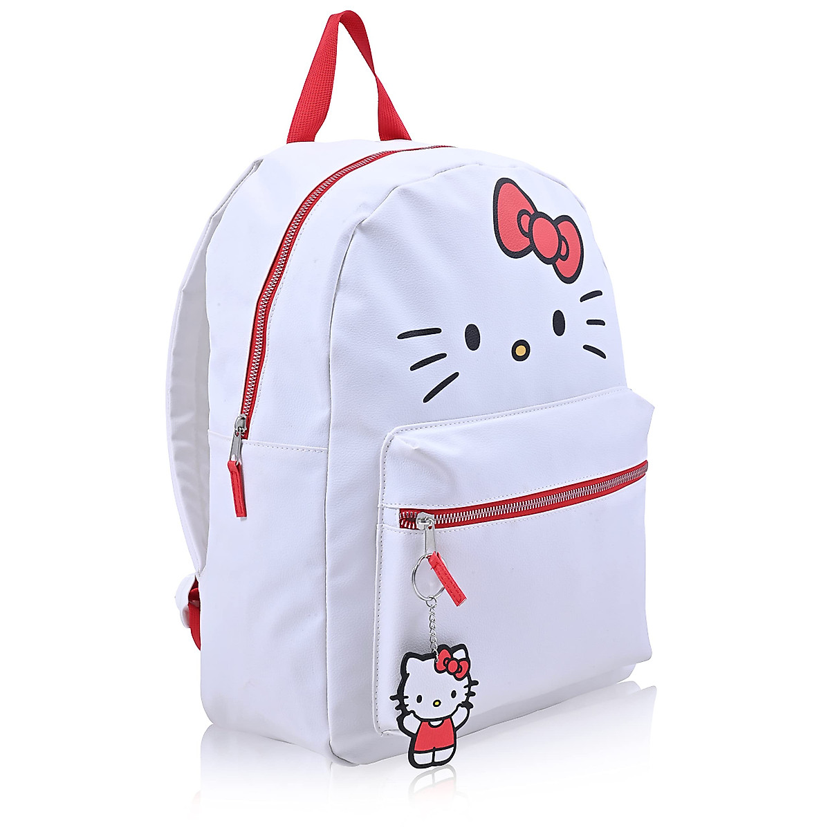 Hello Kitty Womens Backpack Large Faux Leather Bookbag Double Strap Shoulder Bag with 3D Design and Keychain (White-Red)