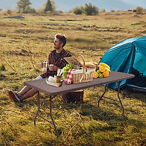 GYMAX 6FT Folding Table, Portable Lightweight Camping Table with Carry Handle, Easy Fold Up Rectangle Indoor/Outdoor Collapsible Table for Camp, Picnic, BBQ, Patio (Rattan Tabletop with Umbrella Hole)