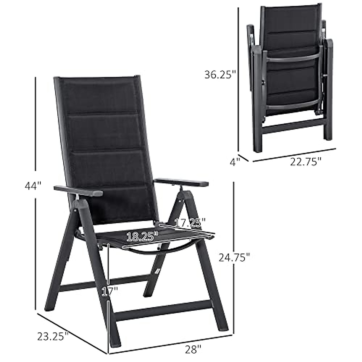 Outsunny 2 Piece Outdoor Patio Folding Chair Set, Aluminum Frame Portable Reclining Camping Seats with Soft Padding & Adjustable Backrest, for Garden, Outdoor, Backyard, Black