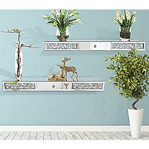 Mirrored Furniture Wall Shelf with Drawer, Crystal Diamond Floating Showcase, Silver Mirror Crushed Diamond Decorative Dressing Table, Gorgeous Bling TV Set, Wall Art Décor,31.5" L×7.9" W×3.1" H