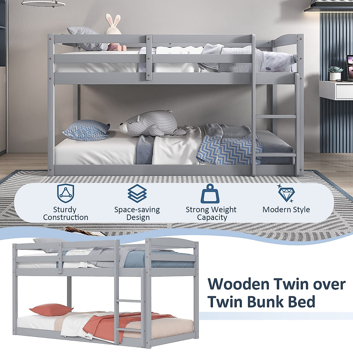 Giantex Twin Low Bunk Bed, Solid Wood Twin Over Twin Bunk Bed Frame with Full Guardrails & Integrated Ladder, Floor Twin Bunk Beds for Kids Boys and Girls, No Box Spring Needed, Grey