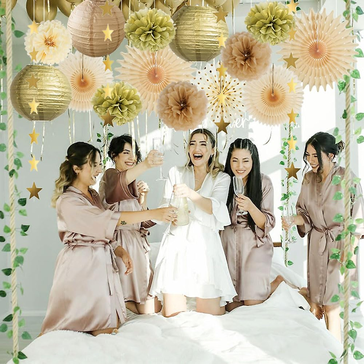 Brown Gold Party Decorations Paper Lanterns Cream Tissue Paper Pom Poms Flowers with Star Garland for Brown Birthday Party Rustic Wedding Baby Shower Retirement Gold Graduation Decorations