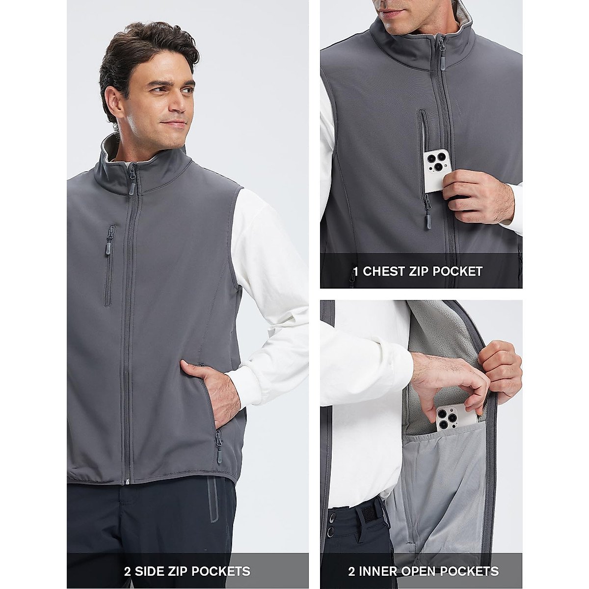 fit space Men's Lightweight Vest Softshell Sleeveless Windproof Jacket with Zipper Pcoket Cycling Travel Hiking Running Golf (Grey, Large)